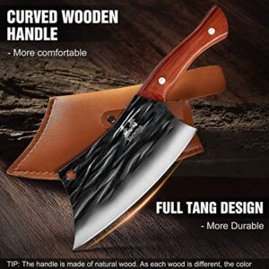 ENOKING Meat Cleaver Hand Forged Chef Knife High Carbon Steel Kitchen Butcher Knife with Full Tang Handle Leather Sheath Chopping Knife for Kitchen, Camping, BBQ (6.3 IN)