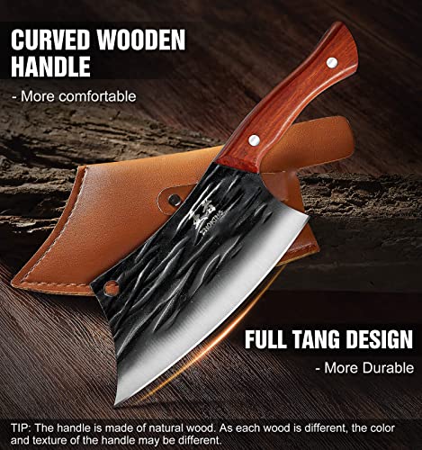 ENOKING Meat Cleaver Hand Forged Chef Knife High Carbon Steel Kitchen Butcher Knife with Full Tang Handle Leather Sheath Chopping Knife for Kitchen, Camping, BBQ (6.3 IN)