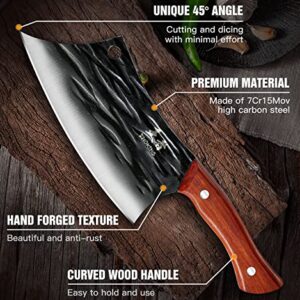 ENOKING Meat Cleaver Hand Forged Chef Knife High Carbon Steel Kitchen Butcher Knife with Full Tang Handle Leather Sheath Chopping Knife for Kitchen, Camping, BBQ (6.3 IN)