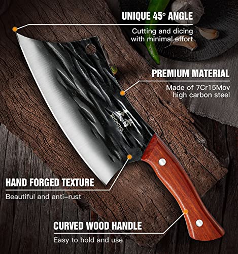 ENOKING Meat Cleaver Hand Forged Chef Knife High Carbon Steel Kitchen Butcher Knife with Full Tang Handle Leather Sheath Chopping Knife for Kitchen, Camping, BBQ (6.3 IN)