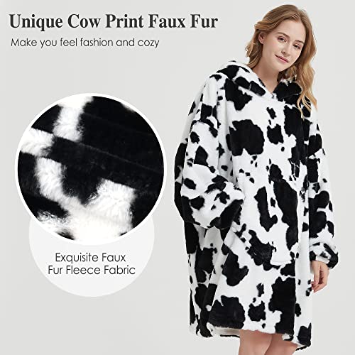 softan Blanket Hoodie, Oversized Wearable Blanket for Adult Men Women, Super Cozy Warm and Soft Hooded Blanket Sweatshirt, Cow Print Faux Fur Blanket Sweatshirt with Large Pocket, One Size Fits All