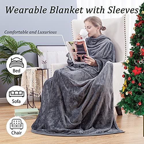 CHOSHOME Wearable Blanket with Sleeves and Foot Pocket for Adult Women Men, Soft Fleece Blanket Fuzzy TV Blanket Throw Wrap for Bed Sofa Travel Home Office, 71" x 51", Grey