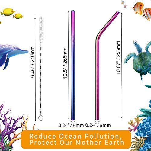 VEHHE Metal Straws Drinking Straws 10.5" Stainless Steel Straws Reusable 8 Set - Ultra Long Rainbow Color-Cleaning Brush for 20/30 Oz for Yeti