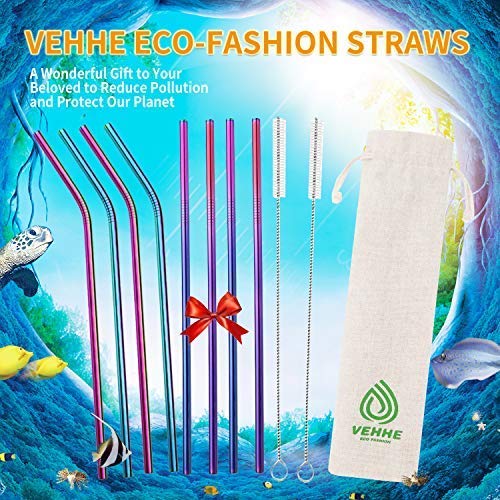 VEHHE Metal Straws Drinking Straws 10.5" Stainless Steel Straws Reusable 8 Set - Ultra Long Rainbow Color-Cleaning Brush for 20/30 Oz for Yeti