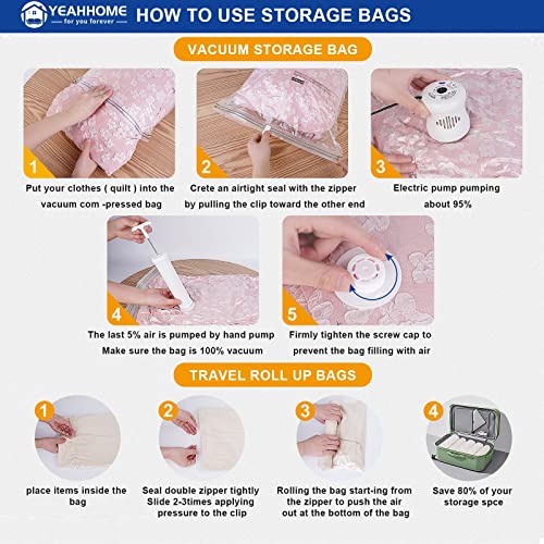 Yeahhome 30 Combo Include 1 Electric Air Pump/1 Hand Pump/28 Vacuum Storage Bags, Space Saver Bags(2pcs40"x52"/3 Jumbo/4 Large/5 Medium/6 Small/8 Roll) Compression Storage Bags for Comforters, Vacuum Sealer Bags for Clothes, Blanket, Duvets, Pillows,Trave