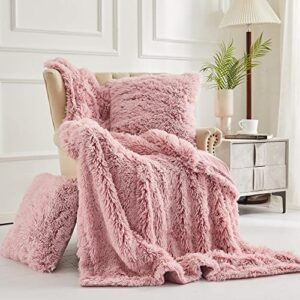 xege 3 pieces soft faux fur throw blanket set, fluffy furry blanket 50x60, shaggy plush fuzzy blanket with set of 2 throw pillow covers 20x20 for bed couch sofa living room office dorm, pink ombre