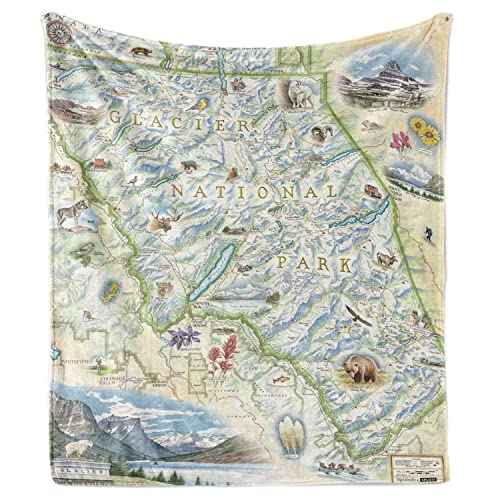 Glacier National Park Map Fleece Blanket - Hand-Drawn Original Art - Soft, Cozy, and Warm Throw Blanket for Couch - Unique Gift - 58"x 50"