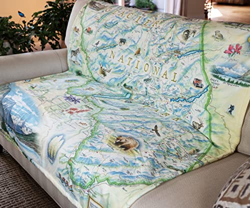 Glacier National Park Map Fleece Blanket - Hand-Drawn Original Art - Soft, Cozy, and Warm Throw Blanket for Couch - Unique Gift - 58"x 50"