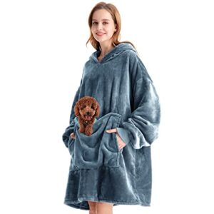 aemilas wearable blanket hoodie,oversized blanket sweatshirt with hood pocket and sleeves,cozy soft warm plush flannel hooded blanket for adult women men,one size fits all(grey)