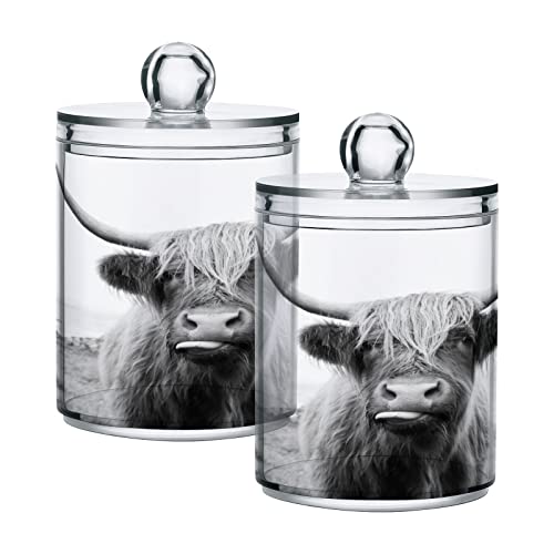 Kigai Highland Cow Qtip Holder Set of 4 - 14OZ Clear Plastic Apothecary Jars with Lids Bathroom Container Organizer Dispenser for Cotton Ball, Cotton Swab, Candy, Floss, Spices