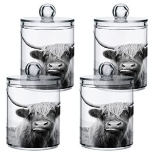 Kigai Highland Cow Qtip Holder Set of 4 - 14OZ Clear Plastic Apothecary Jars with Lids Bathroom Container Organizer Dispenser for Cotton Ball, Cotton Swab, Candy, Floss, Spices