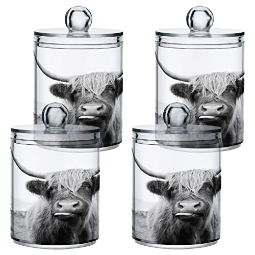 Kigai Highland Cow Qtip Holder Set of 4 - 14OZ Clear Plastic Apothecary Jars with Lids Bathroom Container Organizer Dispenser for Cotton Ball, Cotton Swab, Candy, Floss, Spices