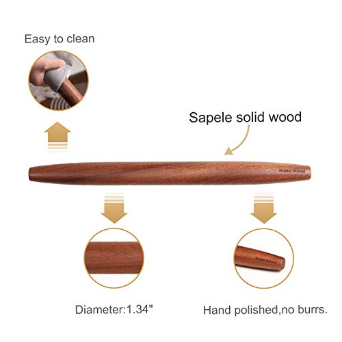 Muso Wood Sapele Wooden French Rolling Pin for Baking, Tapered Roller for Fondant, Pie Crust, Cookie, Pastry (French 15-3/4inch)