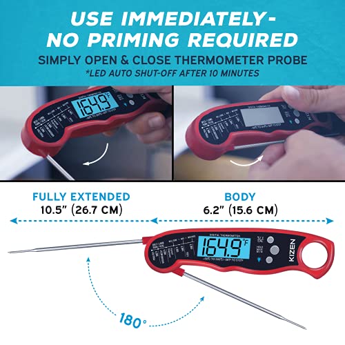 KIZEN Digital Meat Thermometer with Probe - Instant Read Food Thermometer for Cooking, Grilling, BBQ, Baking, Liquids, Candy, Deep Frying, and More - Red/Black