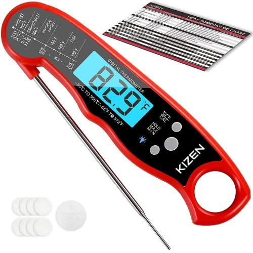 KIZEN Digital Meat Thermometer with Probe - Instant Read Food Thermometer for Cooking, Grilling, BBQ, Baking, Liquids, Candy, Deep Frying, and More - Red/Black