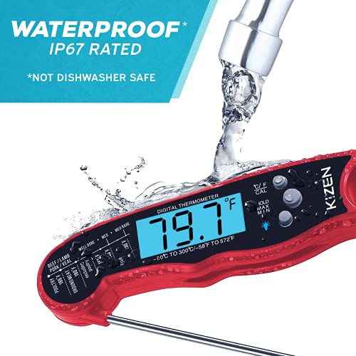 KIZEN Digital Meat Thermometer with Probe - Instant Read Food Thermometer for Cooking, Grilling, BBQ, Baking, Liquids, Candy, Deep Frying, and More - Red/Black