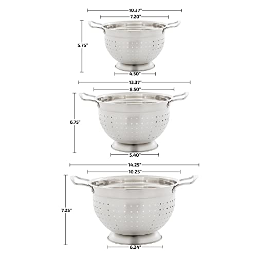 Ovente Premium Stainless Steel Colander Set of 3 Deep Kitchen Strainer, Dishwasher Safe 1.5, 3 & 5 Quarts Metal Bowl Drainer with Handle for Pasta, Fruit, Noodle, Meal Prep, Silver C46263S