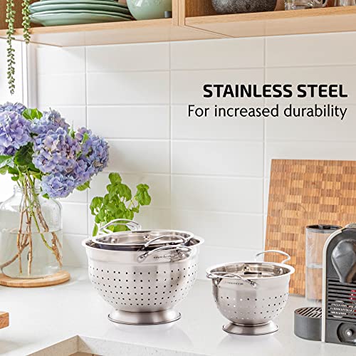 Ovente Premium Stainless Steel Colander Set of 3 Deep Kitchen Strainer, Dishwasher Safe 1.5, 3 & 5 Quarts Metal Bowl Drainer with Handle for Pasta, Fruit, Noodle, Meal Prep, Silver C46263S