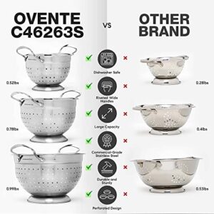 Ovente Premium Stainless Steel Colander Set of 3 Deep Kitchen Strainer, Dishwasher Safe 1.5, 3 & 5 Quarts Metal Bowl Drainer with Handle for Pasta, Fruit, Noodle, Meal Prep, Silver C46263S