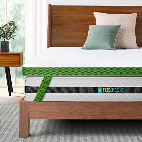 FLEXPEDIC 2 Inch Mattress Topper Twin, Green Tea Infused Memory Foam Mattress Topper, Double Sides Cooling Mattress Pad, Pressure Released Mattress Topper with Non-Slip Ventilated Soft Fabric Cover