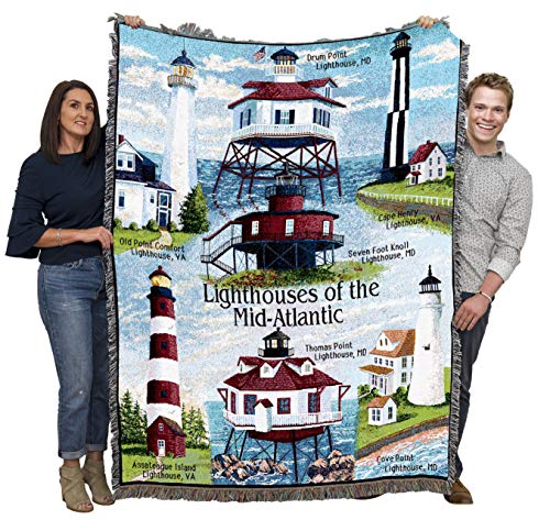 Lighthouses of the Mid-Atlantic Blanket - Old Point Drum Pt Seven Foot Cape Henry Assateague Thomas Point Cove Point - Coastal Ocean Gift Tapestry Throw Woven from Cotton - Made in the USA (72x54)