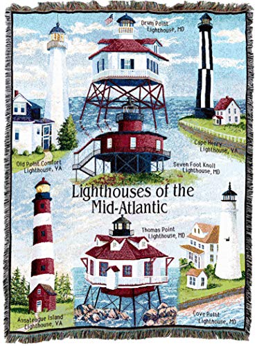 Lighthouses of the Mid-Atlantic Blanket - Old Point Drum Pt Seven Foot Cape Henry Assateague Thomas Point Cove Point - Coastal Ocean Gift Tapestry Throw Woven from Cotton - Made in the USA (72x54)