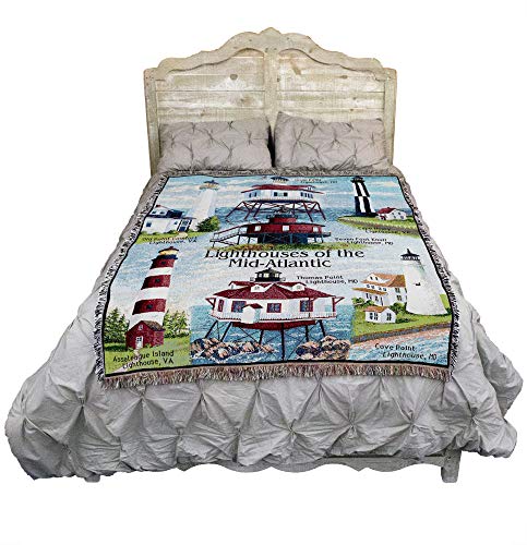 Lighthouses of the Mid-Atlantic Blanket - Old Point Drum Pt Seven Foot Cape Henry Assateague Thomas Point Cove Point - Coastal Ocean Gift Tapestry Throw Woven from Cotton - Made in the USA (72x54)