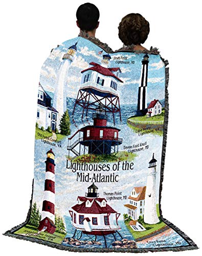 Lighthouses of the Mid-Atlantic Blanket - Old Point Drum Pt Seven Foot Cape Henry Assateague Thomas Point Cove Point - Coastal Ocean Gift Tapestry Throw Woven from Cotton - Made in the USA (72x54)