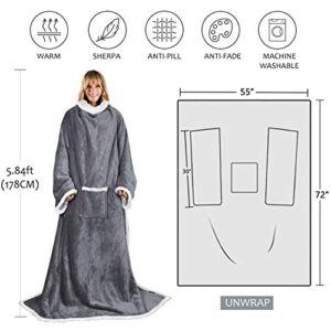 Tirrinia Sherpa Wearable Blanket Ultra Soft Comfy Warm Plush Full Body Throw with Sleeves, Reading Wrap TV Blankets Robe Cover for Adult Grandma Women and Men, Grey