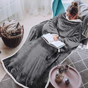 tirrinia sherpa wearable blanket ultra soft comfy warm plush full body throw with sleeves, reading wrap tv blankets robe cover for adult grandma women and men, grey