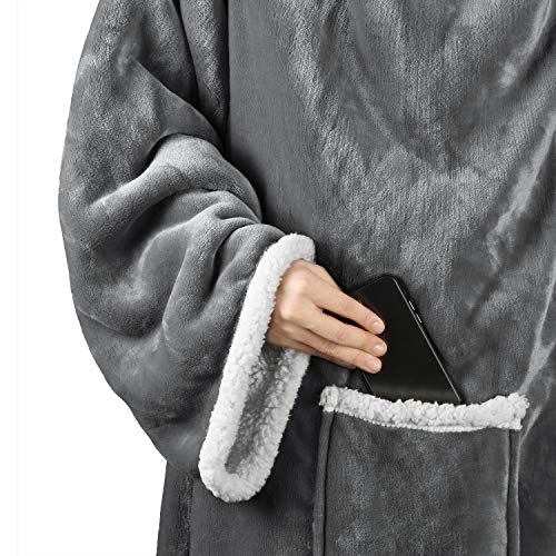 Tirrinia Sherpa Wearable Blanket Ultra Soft Comfy Warm Plush Full Body Throw with Sleeves, Reading Wrap TV Blankets Robe Cover for Adult Grandma Women and Men, Grey