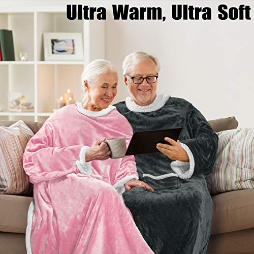 Tirrinia Sherpa Wearable Blanket Ultra Soft Comfy Warm Plush Full Body Throw with Sleeves, Reading Wrap TV Blankets Robe Cover for Adult Grandma Women and Men, Grey