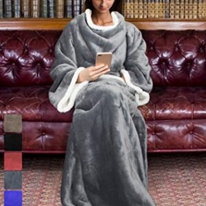 Tirrinia Sherpa Wearable Blanket Ultra Soft Comfy Warm Plush Full Body Throw with Sleeves, Reading Wrap TV Blankets Robe Cover for Adult Grandma Women and Men, Grey