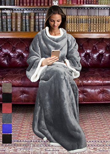 Tirrinia Sherpa Wearable Blanket Ultra Soft Comfy Warm Plush Full Body Throw with Sleeves, Reading Wrap TV Blankets Robe Cover for Adult Grandma Women and Men, Grey