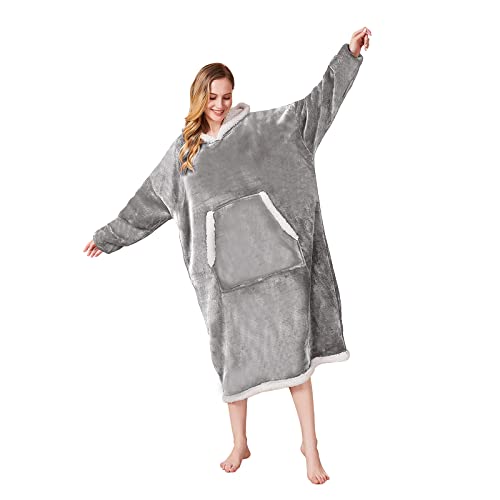 Wearable Blanket Hoodie Women and Men, Oversized Sherpa Sweatshirt with Hood Pocket and Sleeves, Super Soft Warm Comfy One Size Fits All (Light Grey, One Size)