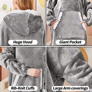 Wearable Blanket Hoodie Women and Men, Oversized Sherpa Sweatshirt with Hood Pocket and Sleeves, Super Soft Warm Comfy One Size Fits All (Light Grey, One Size)