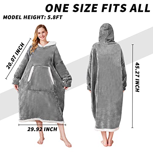 Wearable Blanket Hoodie Women and Men, Oversized Sherpa Sweatshirt with Hood Pocket and Sleeves, Super Soft Warm Comfy One Size Fits All (Light Grey, One Size)