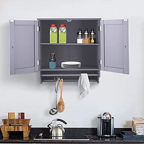 Sophia & William Medicine Cabinet with Double Door, Bathroom Wall Mounted Storage Cabinet with Adjustable Shelf & Towel Bar for Bathroom Kitchen Toilet Living Room, Grey