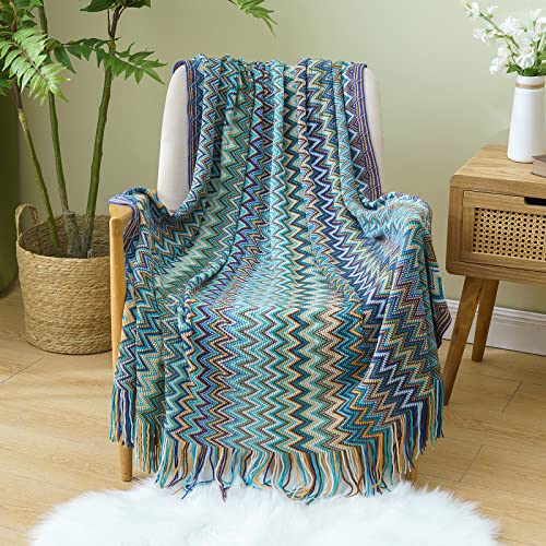 MIULEE Boho Knitted Throw Blanket with Tassel Knit Woven Wave Fringe Crochet Blanket Soft Lightweight Decorative Bohemian Blanket Afghan Hippie Outdoor Warm Throw for Sofa Bed Couch, 50 x 60 Blue