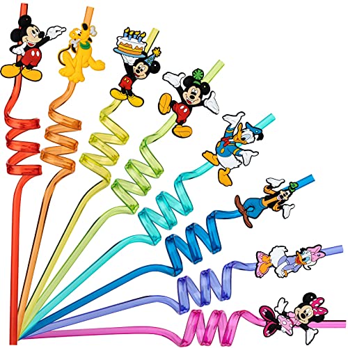 NITELUO 24Pcs Mickey Birthday Party Supplies Reusable Drinking Straws,8 Designs Mickey Themed Party Favors with 2 Cleaning Brushes