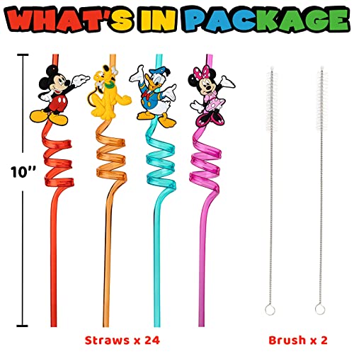 NITELUO 24Pcs Mickey Birthday Party Supplies Reusable Drinking Straws,8 Designs Mickey Themed Party Favors with 2 Cleaning Brushes