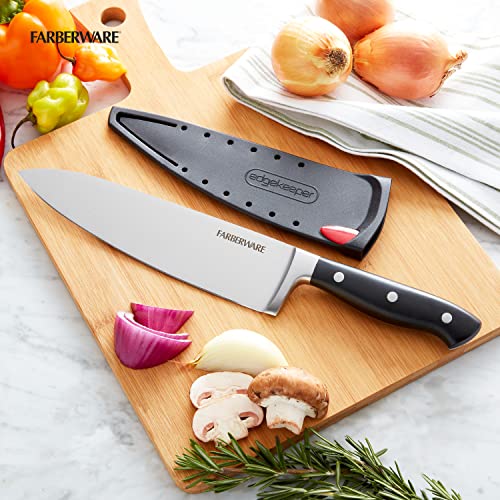 Farberware Edgekeeper 8-Inch Forged Triple Riveted Chef Knife with Self-Sharpening Blade Cover, High Carbon-Stainless Steel Kitchen Knife with Ergonomic Handle, Razor-Sharp Knife, Black