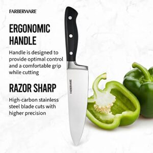 Farberware Edgekeeper 8-Inch Forged Triple Riveted Chef Knife with Self-Sharpening Blade Cover, High Carbon-Stainless Steel Kitchen Knife with Ergonomic Handle, Razor-Sharp Knife, Black