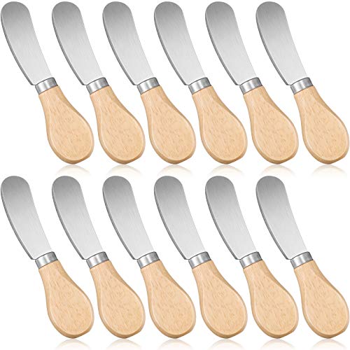 Patelai 12 Pieces Cheese Spreader Cheese Butter Knife Stainless Steel Butter Spreader Knives with Bamboo Handle Sandwich Cream Cheese Cake Condiment Knife Set, 4.7 Inch