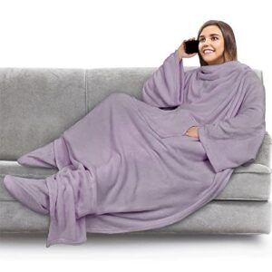 pavilia fleece blanket with sleeves and foot pockets for women men adult, wearable blanket throw wrap, warm cozy extra soft sleep hug blanket with feet, gift for women mom (light purple)