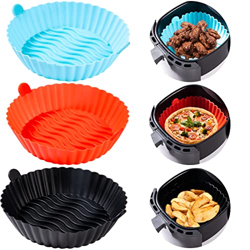 3Pcs Air Fryer Silicone Liners with Handle- 6.3in Food Safe Air Fryer Silicone Pot for 2 to 2.6QT No Harsh Cleaning, Reusable Round Air Fryer Baskets Replacement for Parchment Liner Paper