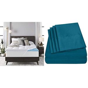 sleep innovations 4-inch dual layer gel memory foam mattress topper enhanced support, queen & sweet home collection queen sheets-6 piece 1500 microfiber deep pocket set-2 extra pillow cases, teal