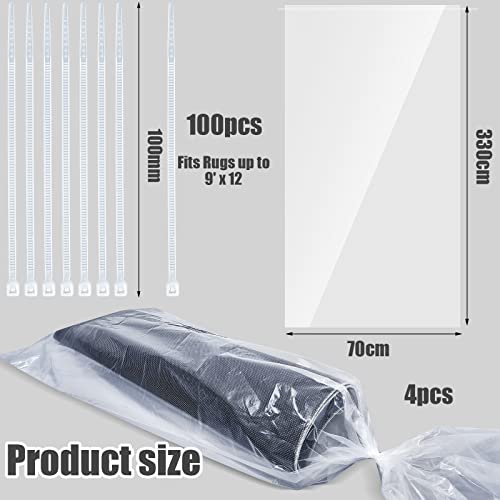 4 Pcs Rug Storage Bag and 100 Pcs Zip Tie 2 x 11 Ft Large Clear Carpet Bag Fits Rugs up to 9 x 12 Ft White Nylon Locking Cable Ties Plastic Area Rug Bag to Preserve Rolled Rugs for Moving or Storage