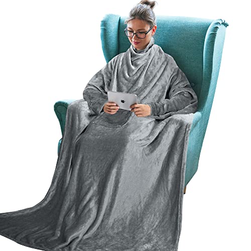 Tirrinia Wearable Fleece Blanket with Sleeves for Adult Women Men, Super Soft Comfy Plush Functional TV Blanket Throw Cuddly Wrap Cover for Bed Sofa and Couch 73" x 51''