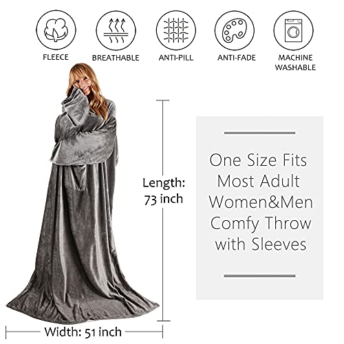 Tirrinia Wearable Fleece Blanket with Sleeves for Adult Women Men, Super Soft Comfy Plush Functional TV Blanket Throw Cuddly Wrap Cover for Bed Sofa and Couch 73" x 51''